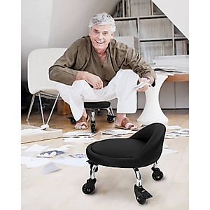 IMMER LIEBEN Rolling Stool with Backrest Low Height Roller Stool with Universal Swivel Caster Wheels for Home Office, Adult, Kids Chair, Garage, Library PU Leather Black