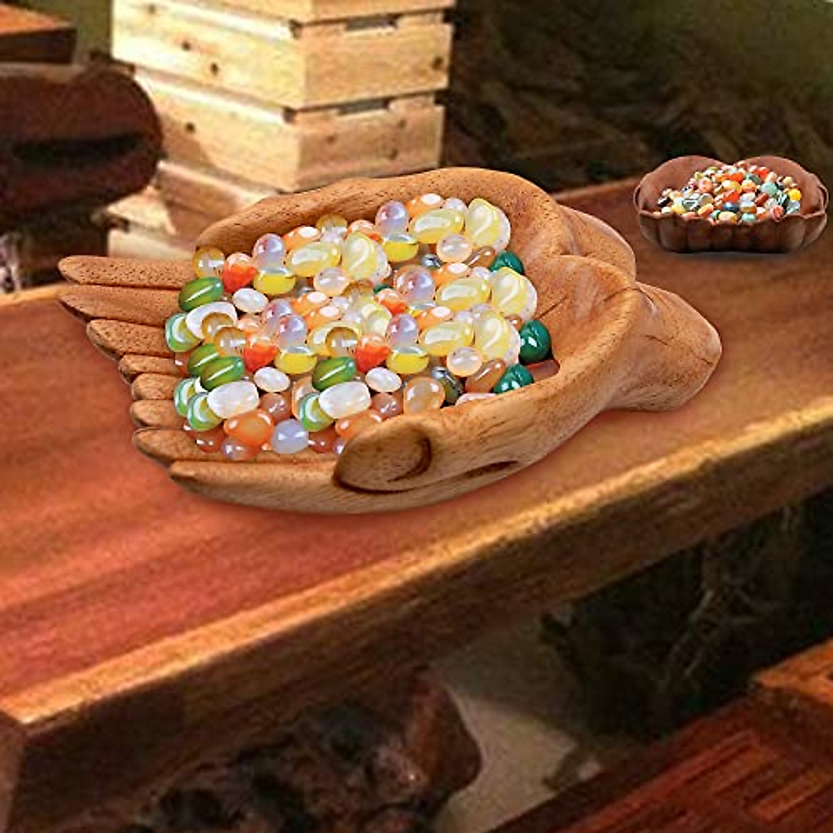 FelRelWel Carved Storage Handmade Decorative Bowl, Household Wooden Storage Tray, Hands Folded Upward Sacrificial Tray, Crystal Display Stand, Key Storage Decorative Tray, Household Wooden Art,Brown