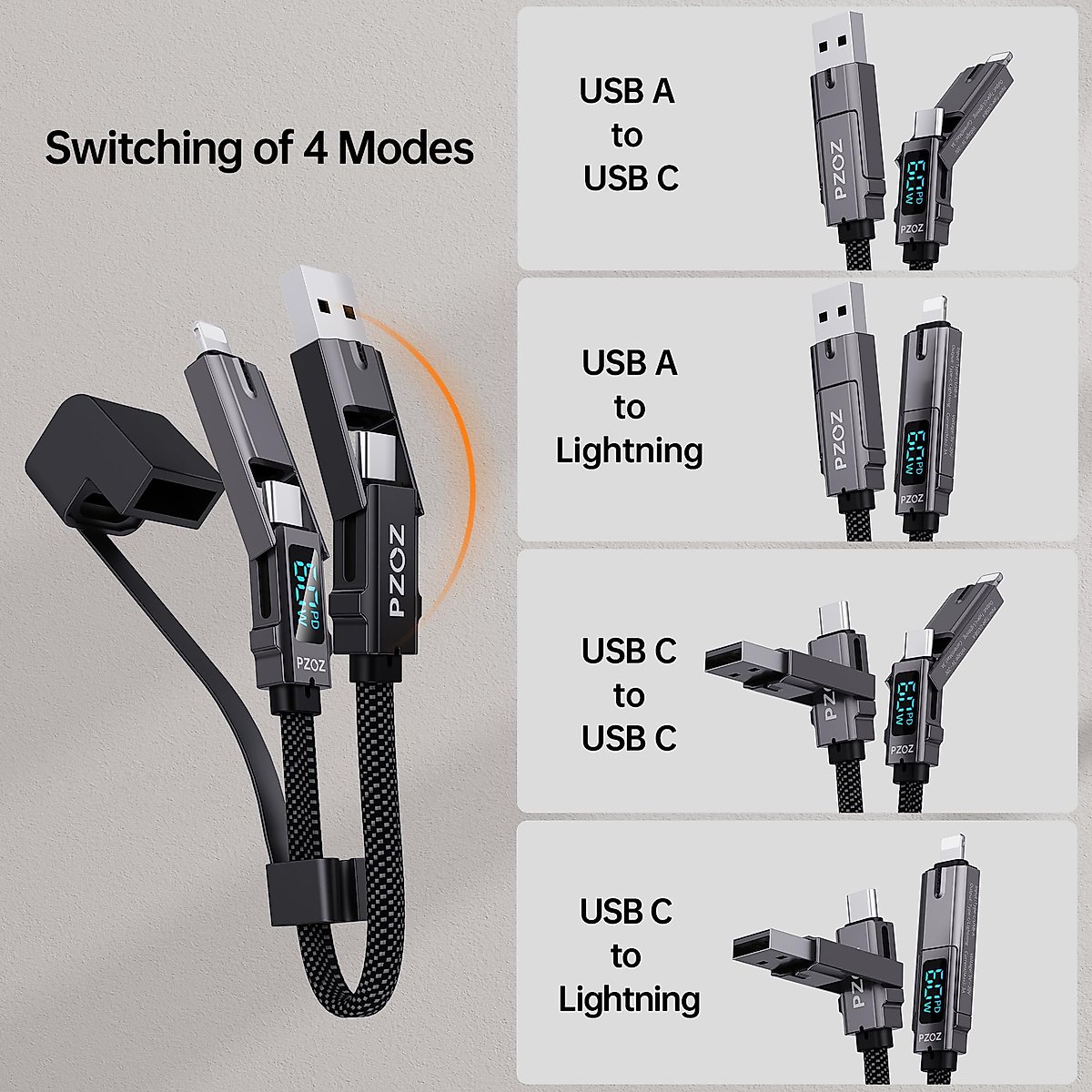 pzoz Multi Charging Cable Keychain Charger Cable with LED Display, 4-in-1 Multi USB C Fast Charging Combo Lightning/Type C/USB A/USBC for iPhone iPad MacBook AirPods Samsung Google (60W, 7.3 inchs)