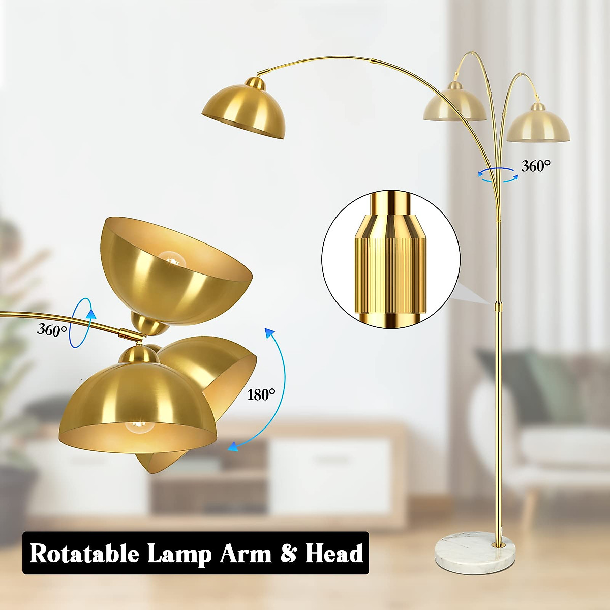 Contemporary Gold 73" Arc Floor Lamp with Hanging Dome Shade, Marble Base Adjustable Farmhouse Over The Couch Tall Stand Up Light, Industrial Task/Reading Standing Corner Lamp for Living Room Bedroom