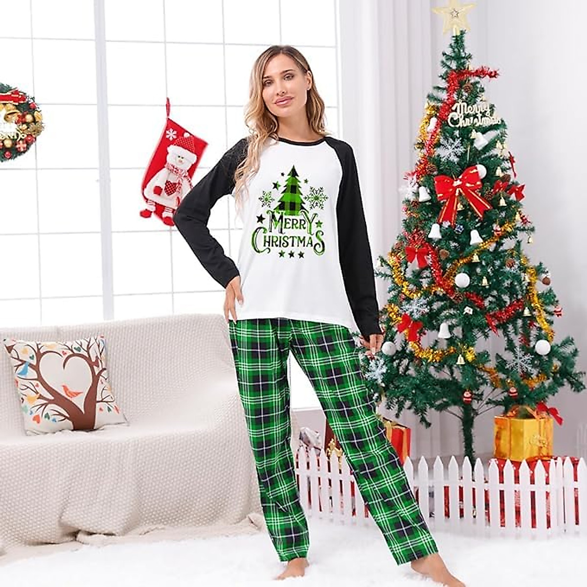 Lizxun Christmas Pajamas for Family Christmas Pjs Matching Sets Elk Christmas Tree Christma Pajama Family Xmas Sleepwear Set Women
