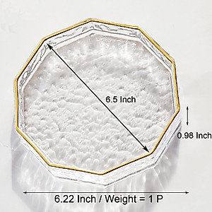 7 Inch Decagon Glass Tray with Gold Rim, Clear Hammered Vanity Makeup Tray with 1” Wall, Thick Decorative Dresser Bathroom Tray Perfume Display Tray Cosmetic Tray for Tabletop Countertop S, Halyuhn