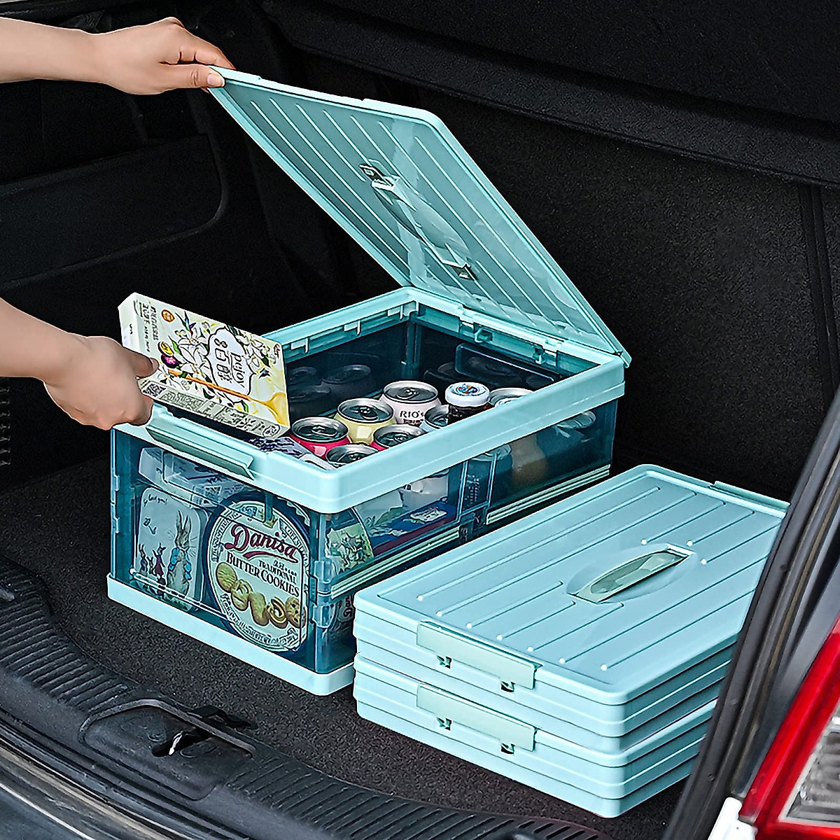 MineSign Foldable Storage Bins with Lid Stackable Plastic Storage Crate Folding Storage Container for Home Closet Bedroom Kitchen Camping Bins with Build in Handle Medium Blue