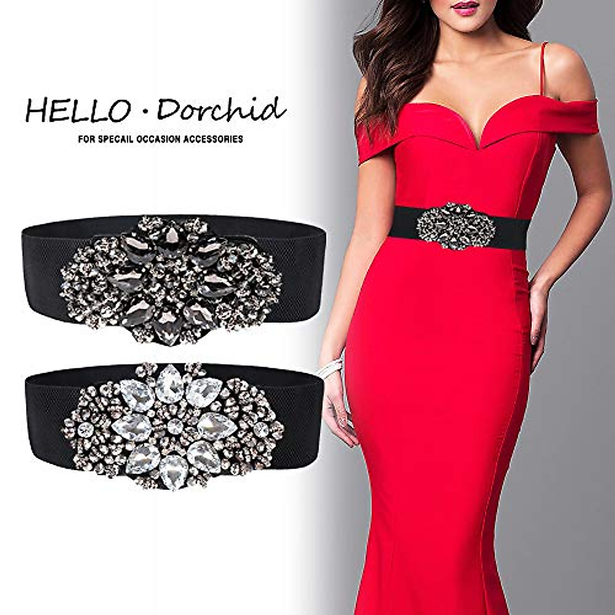 Dorchid Women Rhinstone Belt Full Crystal Buckle Cummerbund Wide Elastic Waistband 7 Colors Black