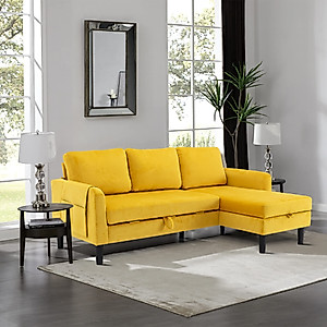 Hdxdkog L-Shaped Sectional Sofa with Pull-Out Bed 72" Sectional Sleeper Sofa Bed with Storage Chaise Lounge and Pocket, Upholstered Corner Couch for Living Room Home Office (Mustard)