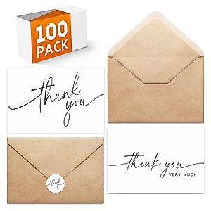 100 PACK Thank You Cards Bulk with Kraft Envelopes and Matching Stickers, 4x6 Inch Blank Greeting Cards Suitable for Small Business, Baby Shower Wedding, Graduation, Bridal Shower, Funeral, Engagement