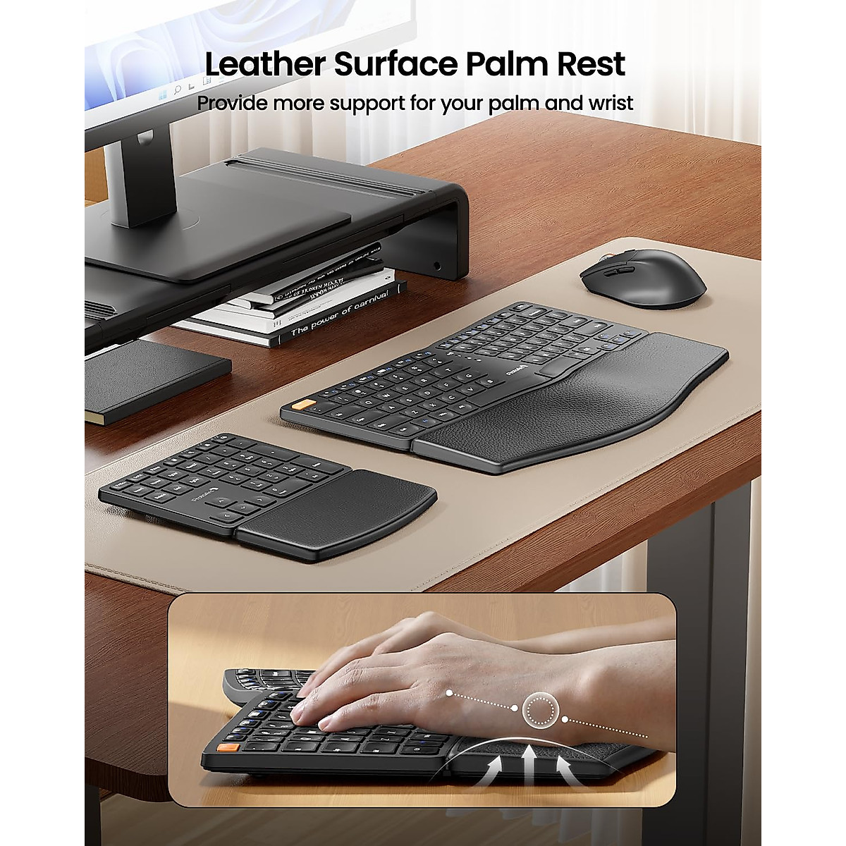 ProtoArc Ergonomic Keyboard Mouse, EKM04 2.4GHz Wireless Ergo Keyboard Mouse Combo, Separate Numeric Keypad, Split Design, Wrist Rest, Rechargeable, for Desktop, PC, Laptop, Windows