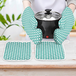 4PCS Oven Mitts and Pot Holders Sets, Polka Dots White Aqua Oven Mitts Set Heat Resistant Kitchen Microwave Gloves Safe for Baking,Cooking, BBQ