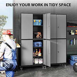 SISESOL Metal Storage Cabinet with Wheels,Rolling Garage Storage Cabinet with Lock,Gray Metal Cabinet with Shelves,Tool Cabinet,Tall Storage Cabinet on Wheels for Garage,Home,Office,Shop