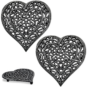 Suclain 2 Pcs 6.5 Inch Heart Vintage Metal Cast Iron Trivet Ornate Pot Pads Heavy Duty Rustic Trivet Hot Dish Plate Holder for Kitchen Dining Table Countertop Accessories, Black Silver