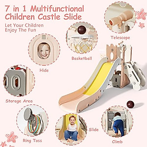 YUYUE 7 in 1 Toddler Slide,Kids Climber Slide with Storage Space and Non-Slip Steps,Indoor Outdoor Playset with Basketball Hoopa and Telescope,Slide for Toddlers Age 1-8,Slip and Slide