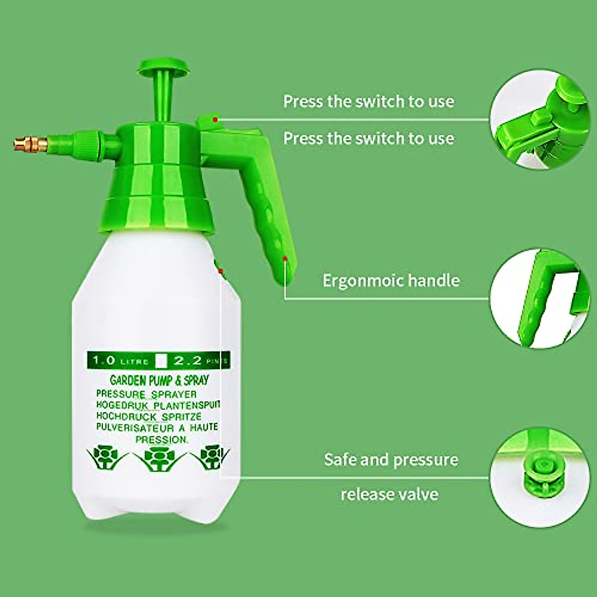 Munyonyo Garden Pump Sprayer,68oz/34oz Hand-held Pressure Sprayer Bottle for Lawn with Safety Value&Adjustable Nozzle, for Watering,Spraying Weeds,Home Cleaning and Car Washing,0.5 Gallon
