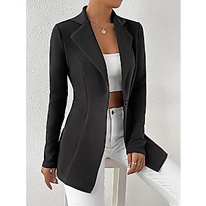 MakeMeChic Women's Button Front Lapel Collar Long Sleeve Blazer Jackets Coat Regular Black A L