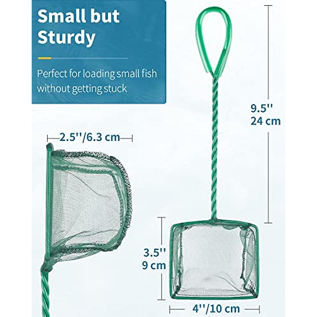 Pawfly 4 Inch Aquarium Fish Net with Braided Metal Handle Small Square Net with Soft Fine Mesh Sludge Food Residue Wastes Skimming Cleaning Net for Fish Tanks Small Koi Ponds and Pools