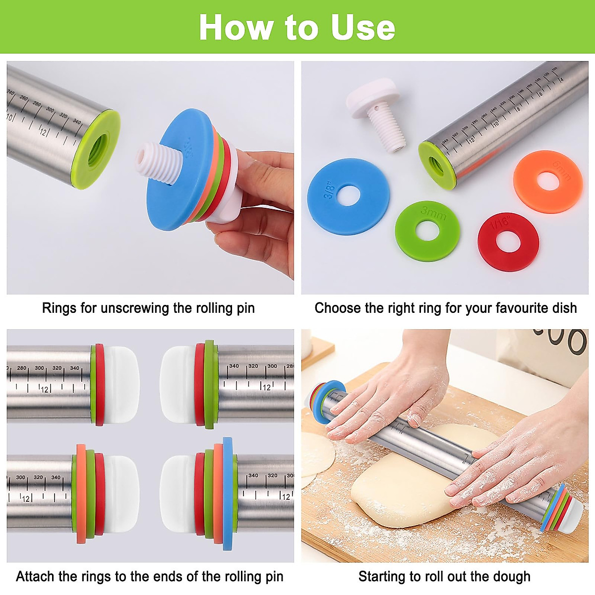 Adjustable Rolling Pin with Thickness Rings for Baking, Stainless Steel Designs Dough Roller Pins for Cookie Decorating Baking Supplies Fondant Cake Baker