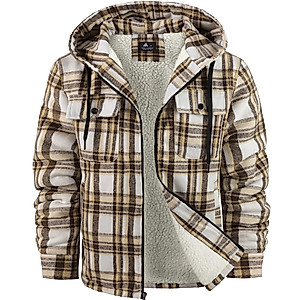 SCODI Men's Flannel Shirt Jacket Fleece Sherpa Lined Plaid Jackets Coat Full Zip Up Hoodie Winter Outwear Khaki X-Large