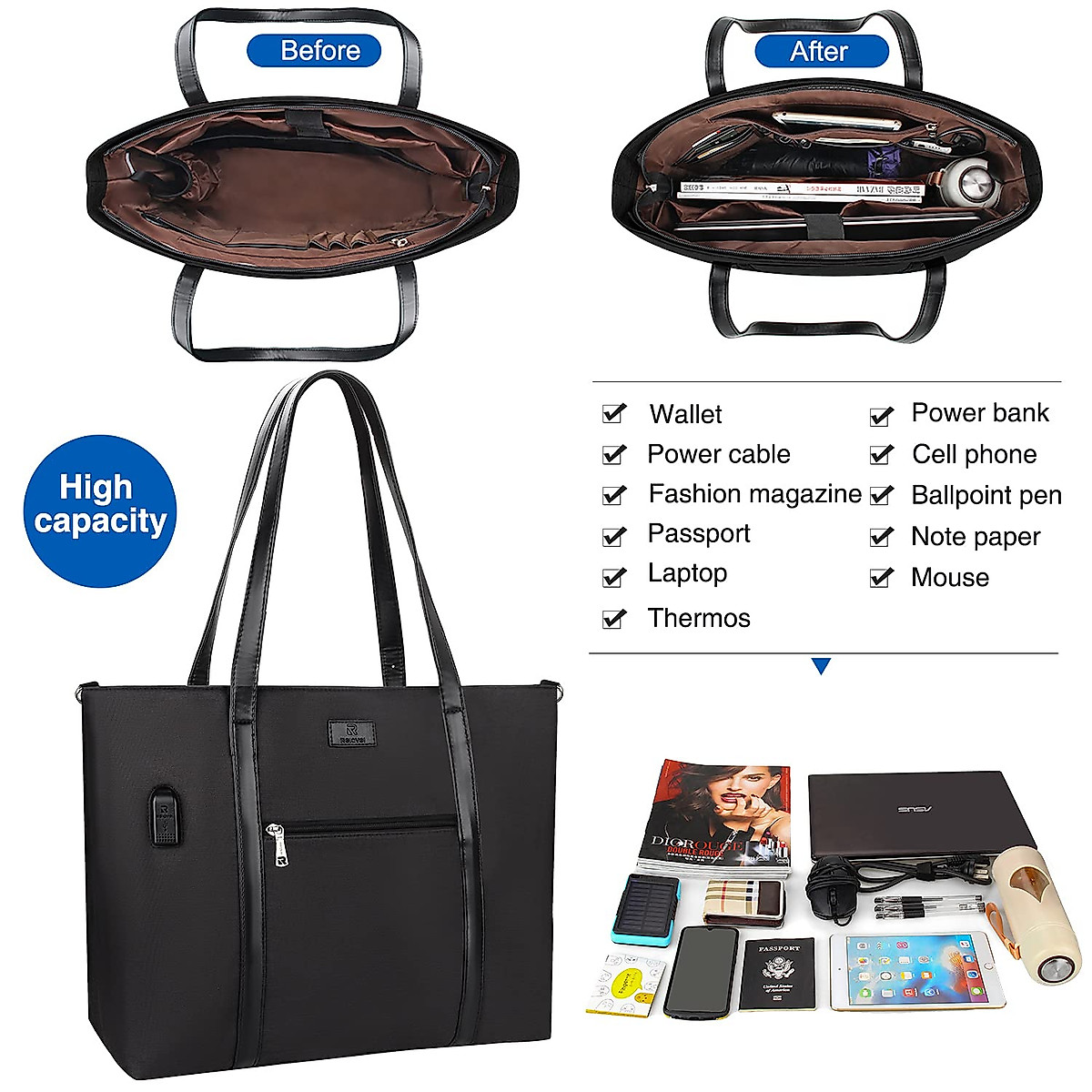 Laptop Tote Bag, Large Women Work Bag Purse Teacher Bag with USB 17.3 Inch Laptopp Bag Computer Work Briefcase Handbag Satchel Shoulder Bag(17.3 inch, Black)