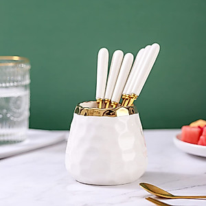 Tregoer Coffee Spoon & Dessert Fork Set,Ceramic Jar with 4 Forks and 4 Spoons for Coffee,Tea,Ice Cream,Cake,Flatware Set (White gold)