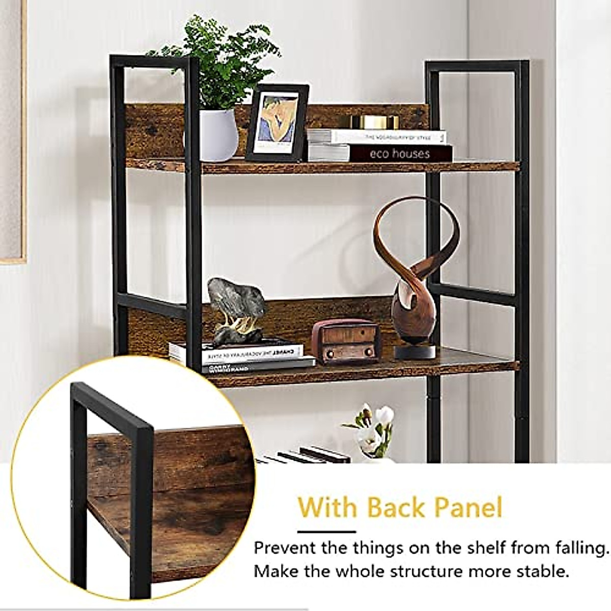 VANSPACE Bookshelf 4 Tier Industrial Bookcase Rustic Wood and Metal Standing Bookshelf with Back Panel Book Shelf for Bedroom, Home Office Storage Rack Shelf, Rustic Brown