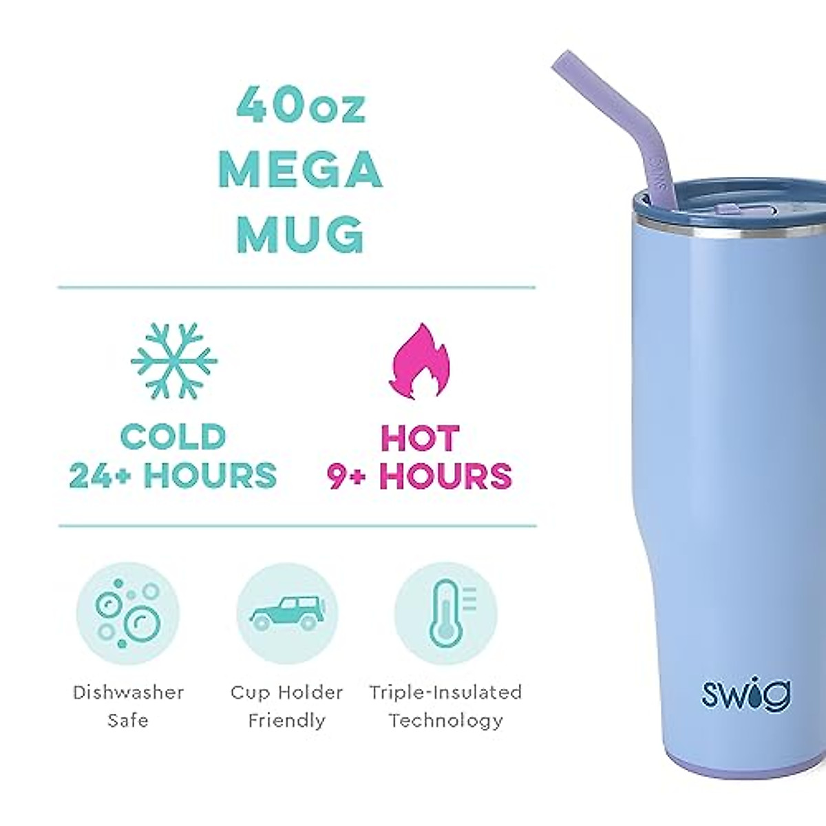 Swig Life 40oz Mega Mug, 40 oz Tumbler with Handle and Straw, Cup Holder Friendly, Dishwasher Safe, Extra Large Insulated Tumbler, Stainless Steel (Bay Breeze)