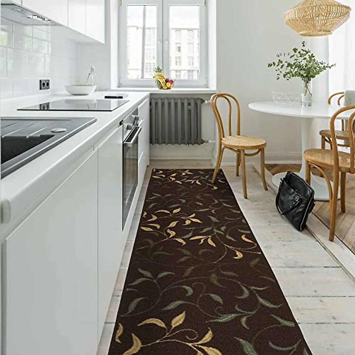 Machine Washable Leaves Design Non-Slip Rubberback 3x10 Traditional Runner Rug for Hallway, Kitchen, Bedroom, Living Room, 2'7" x 9'10", Brown