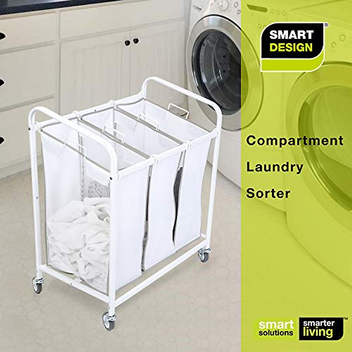 Smart Design Premium Rolling 3 Compartment Mesh Laundry Sorter Hamper w/Wheels & Handles - Steel Metal Frame - VentilAir Fabric Design - Clothes & Laundry - Home Organization (Holds 9 Loads) [White]