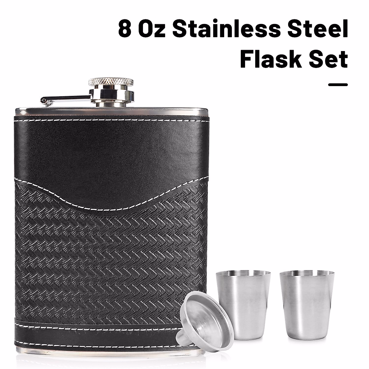 LHD HOME Hip Flasks for Men Leather Hip Flask Gift Set,Hip Flask 304 Stainless Steel Flask Set w/Funnel Shot Glasses Gift for Whiskey Rum Groomsman Best Man Usher Wedding-Leather Stripe Black-8oz