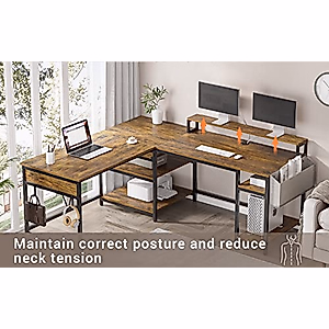 SEDETA L Shaped Desk with Lift Top, Convertible Home Office Desk, L Shaped Standing Desk with Storage Shelves, Monitor Stand, and Headphone Hook for Home Office, Rustic Brown
