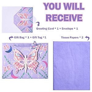 WRAPAHOLIC 13" Large Gift Bag with Card and Tissue Paper - Purple Butterfly Design for Birthday, Mother's day, Baby Shower, Party