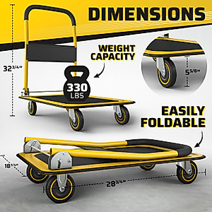 Upgraded Foldable Push Cart Dolly | 330 lbs. Capacity Moving Platform Hand Truck | Heavy Duty Space Saving Collapsible | Swivel Push Handle Flat Bed Wagon - Yellow