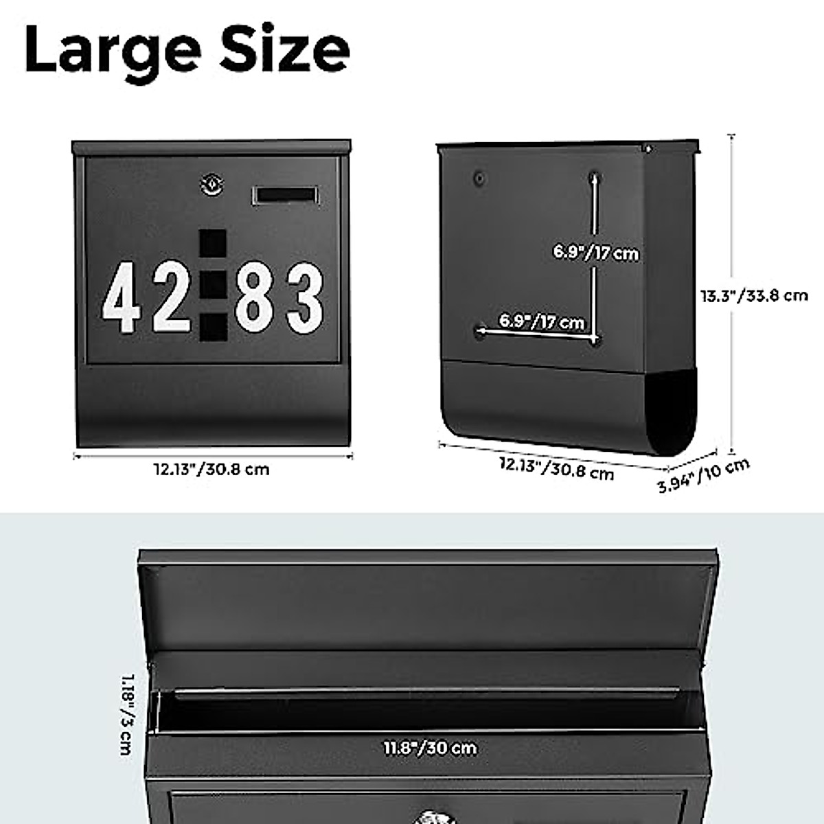 LAND·VOI Locking Mailbox with 4 Keys, Wall Mounted Metal Postbox，Nameplate, Newspaper Holder, Easy to Install, 3.4 x 11.8 x 13.3 Inches, Includes Vinyl Mailbox Numbers, Matt Black