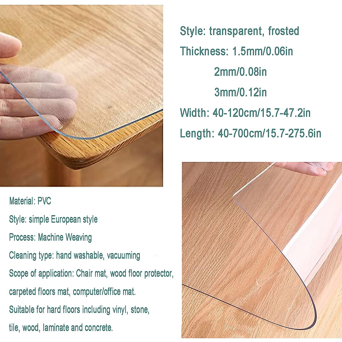 Office Chair Mat for Hardwood Floor，4x8.8ft Thick Transparent Heavy Duty Computer Swivel Chair，HD Transparent Carpet Entrance Hall Bedroom Mat Protect Pad,Transparent 2mm/0.08in