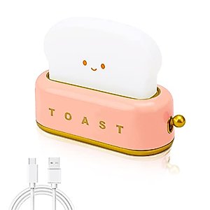 Decor Toaster Night Light Lamp Rechargeable Small Lamps with Smile Face Cute Toast Bread Shape Decor Night Lights for Kids Baby Nursery Pink