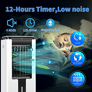 Portable Electric Air Conditioner Unit—2-1 Air Cooler & Tower Fan with 3 Speeds/Modes,12H Timer,with remote and 2 Ice Packs,7L Large Water Tank for Home,Office,Kitchen White