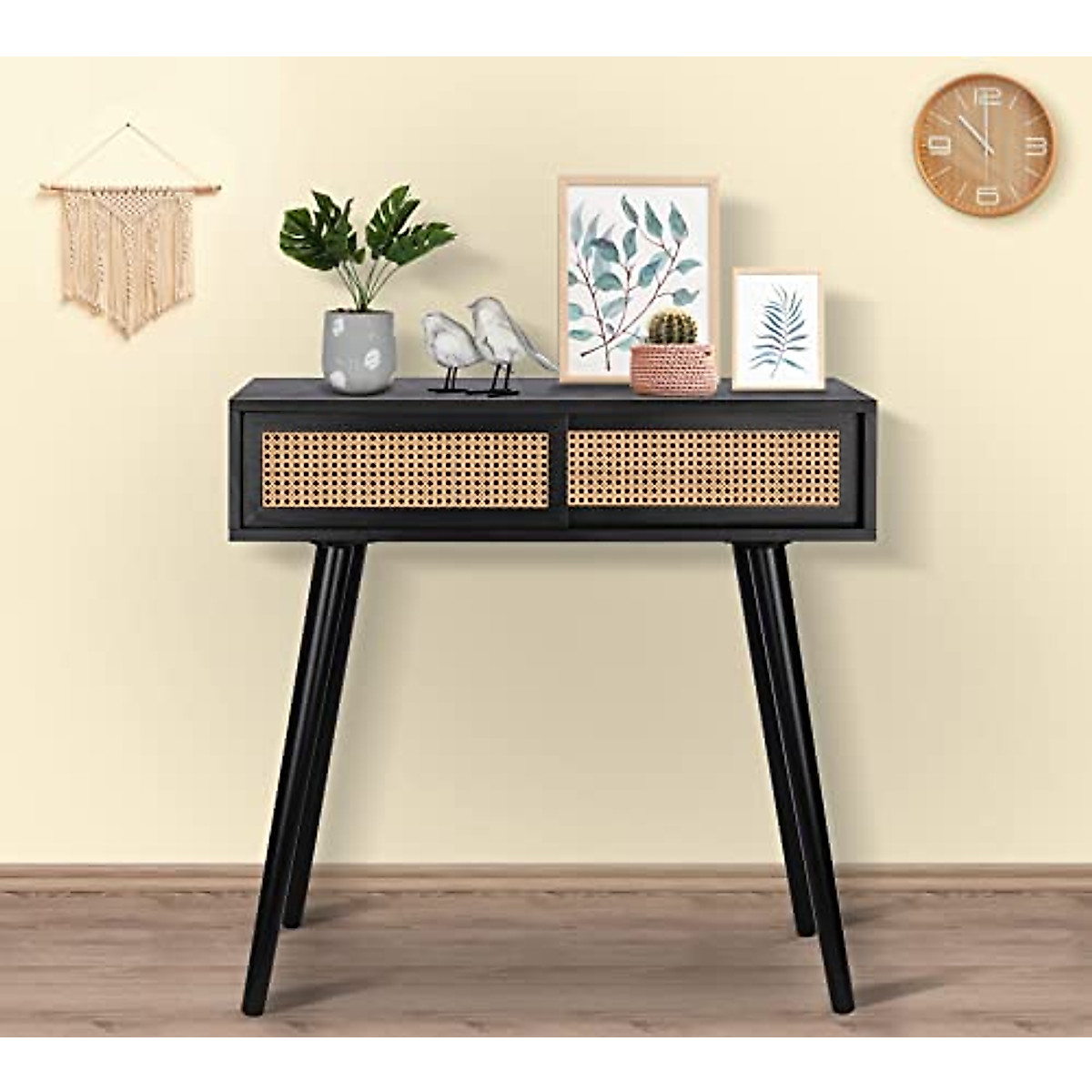 Console Table, Small Entryway Table, Console Tables for Entryway, Rattan Dresser Side Table Black Entry Table Narrow Console Table Modern Hallway Table Boho Sofa Table for Living Room, Vanity Desk
