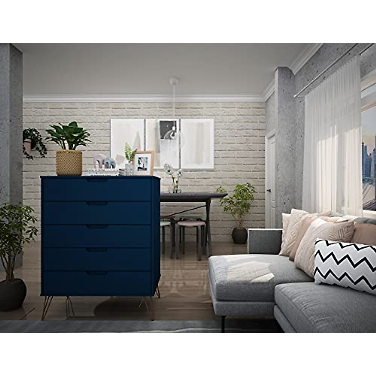 Manhattan Comfort Rockefeller Mid Century Modern 5-Drawer Tall Dresser, Tatiana Midnight Blue