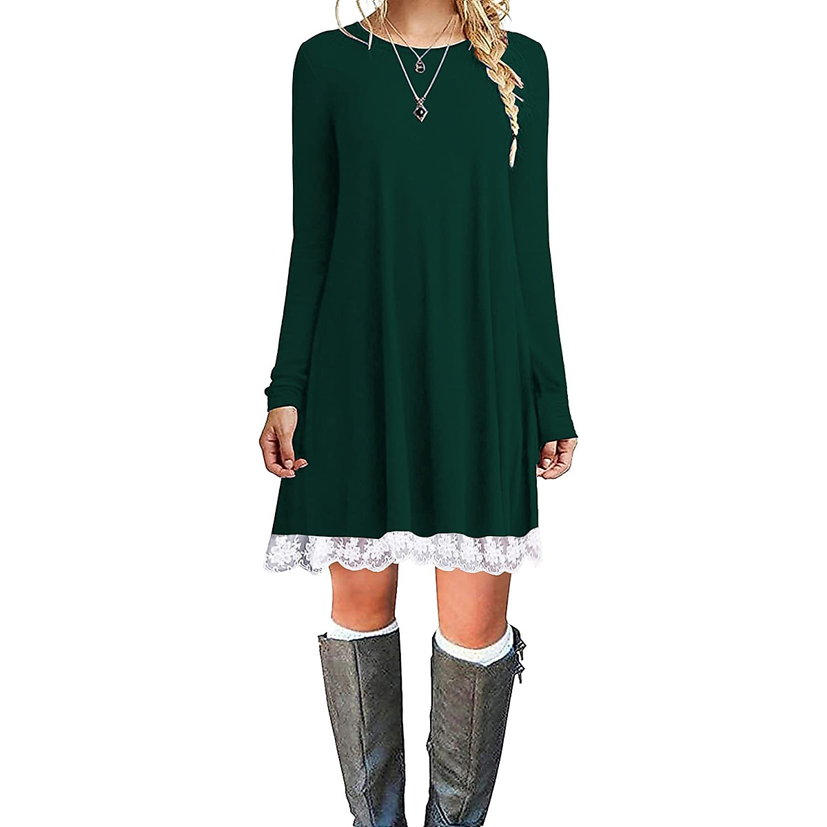 Halife Cute Christmas Dresses for Women Long Sleeve Casual Swing Tunic Dress with Pockets Dark Green L