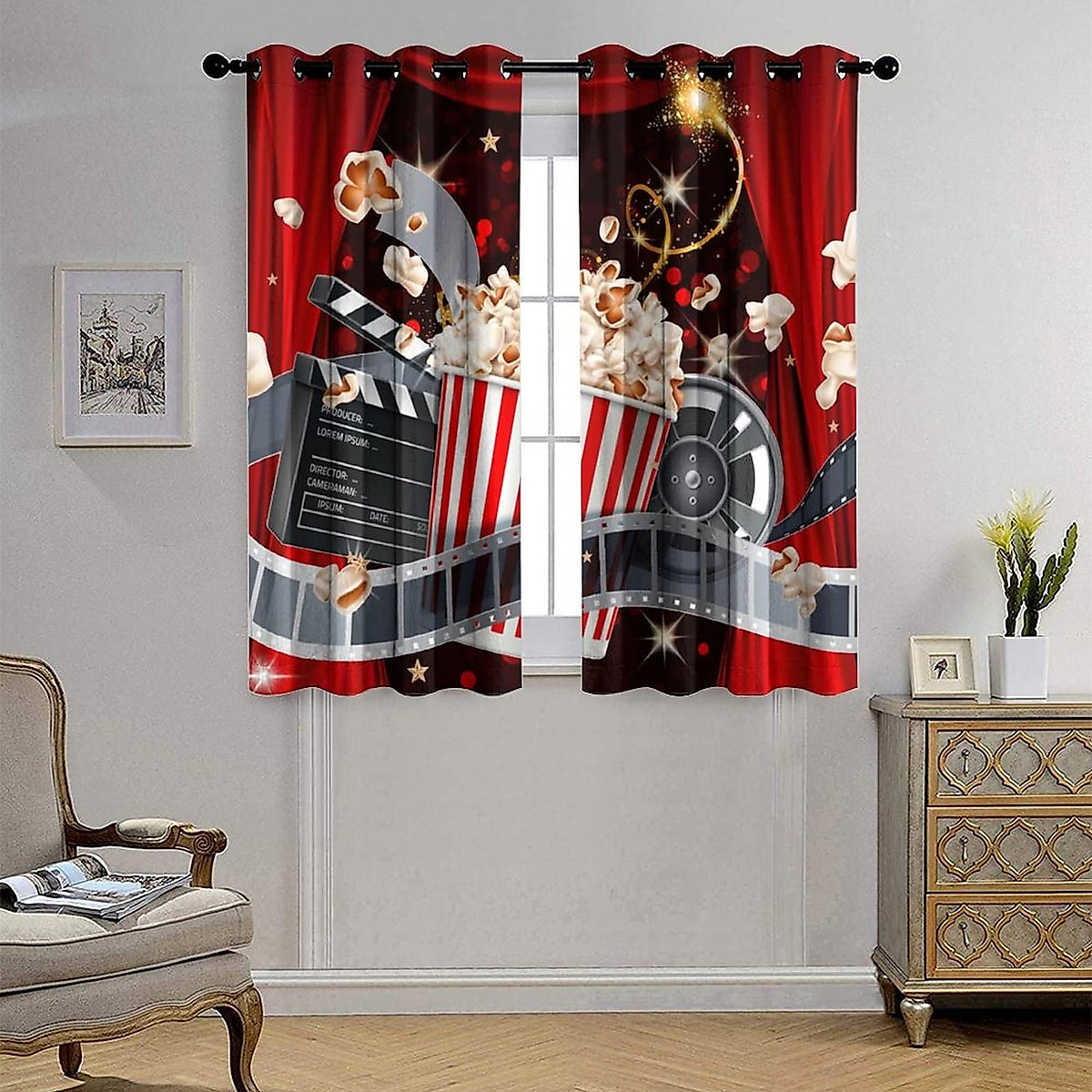 Kazynee Movie Theater Theme Room Darkening Blackout Window Curtains with Grommets,Modern Luxury Cinema Film Elements 3D Print Energy Efficient Window Treatment for Living Room 2 Panels 63L x 21W