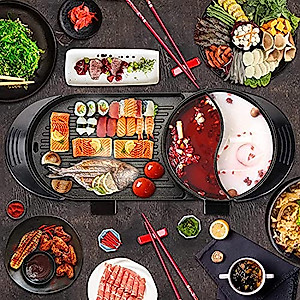 Electric Grill Hot Pot 2 in 1,Multifunctional Smokeless Grill Indoor Teppanyaki Grill/Shabu Shabu Pot with Divider - Separate Dual Temperature Contral, Non-Stick Pan BBQ Capacity for 2-12 People,110V (Black3.0)