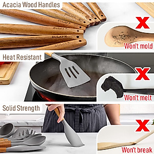 Zulay (8 Piece) Silicone Kitchen Utensils Set For Cooking - Non-Stick Silicone Cooking Utensils Set With Acacia Wood Handle - Heat Resistant Spatula Set - Flexible Silicone Kitchen Set