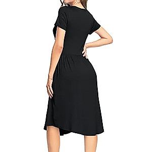 YUNDAI Women Summer Pockets Modest Teacher Casual Flowy Midi Knee Length Dress X-Large, Plain Black