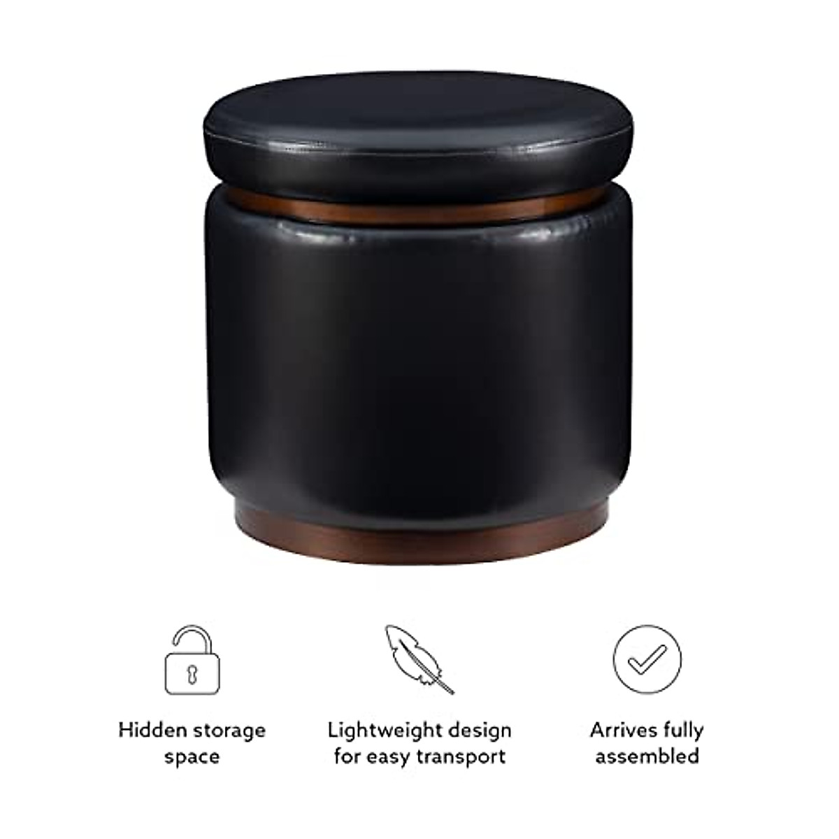 Linon Lexington Black Faux Leather Round Storage Ottoman with Wood Accent