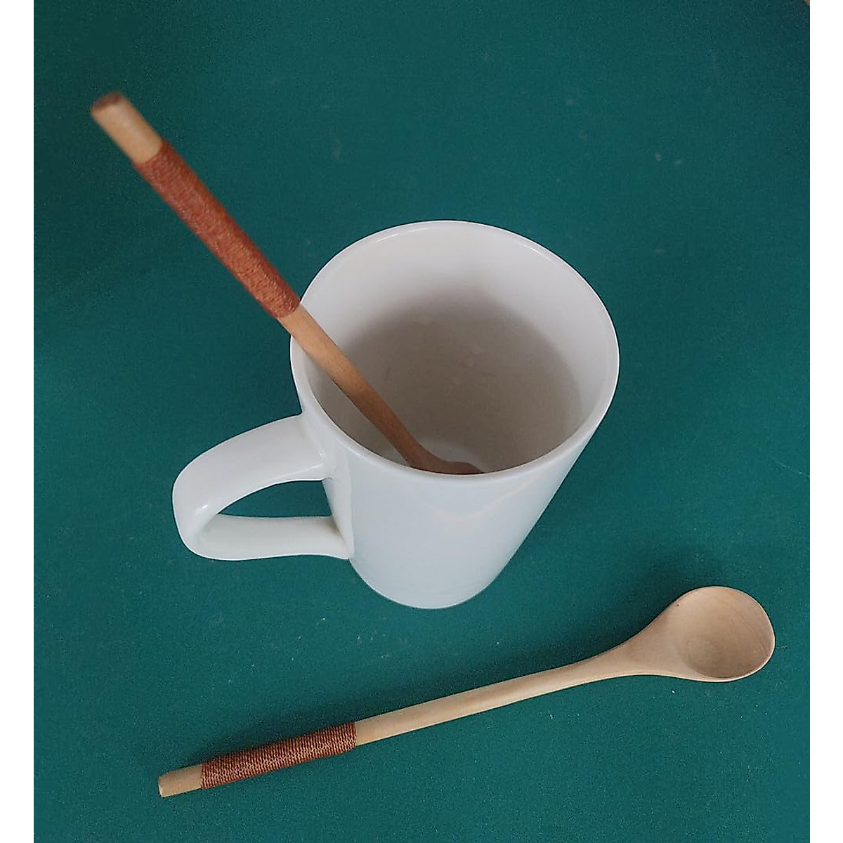 Handmade Wooden Long Handle Coffee Spoon Stirrer with Khaki Cable Tie, Retro Honey Jar Spoons Teaspoon Tea Stirring Spoon (2 Pack)