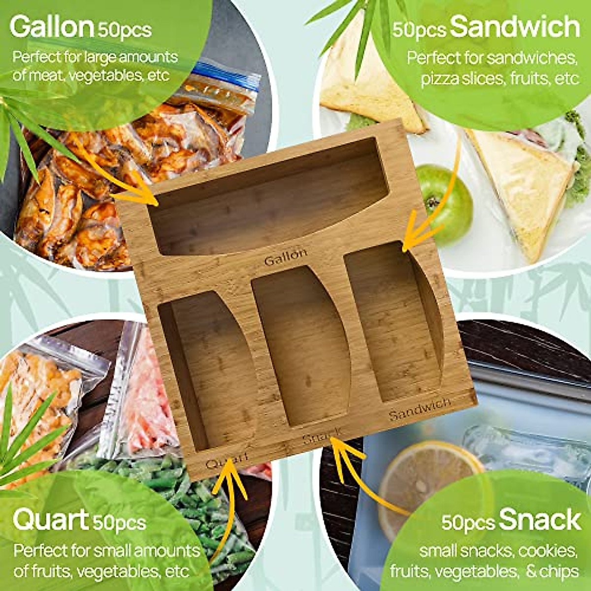 Qenqe Bamboo Ziplock Bag Storage Organizer, Ziplock Bag Holder for Kitchen Drawer, Dispenser for Variety Size Bags, Cute Kitchen Accessories