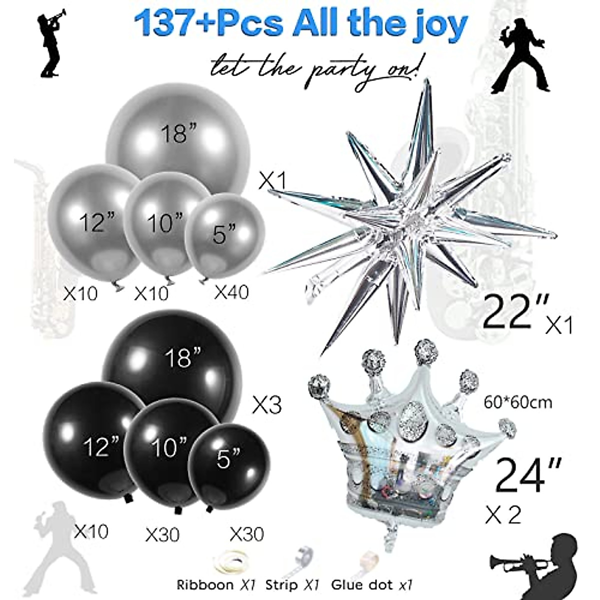 Black and silver balloon Garland Arch Kit with Large Starburst Crown foil balloons for 25th Birthday 50th Anniversary new year eve decorations Retirement Party Supplies