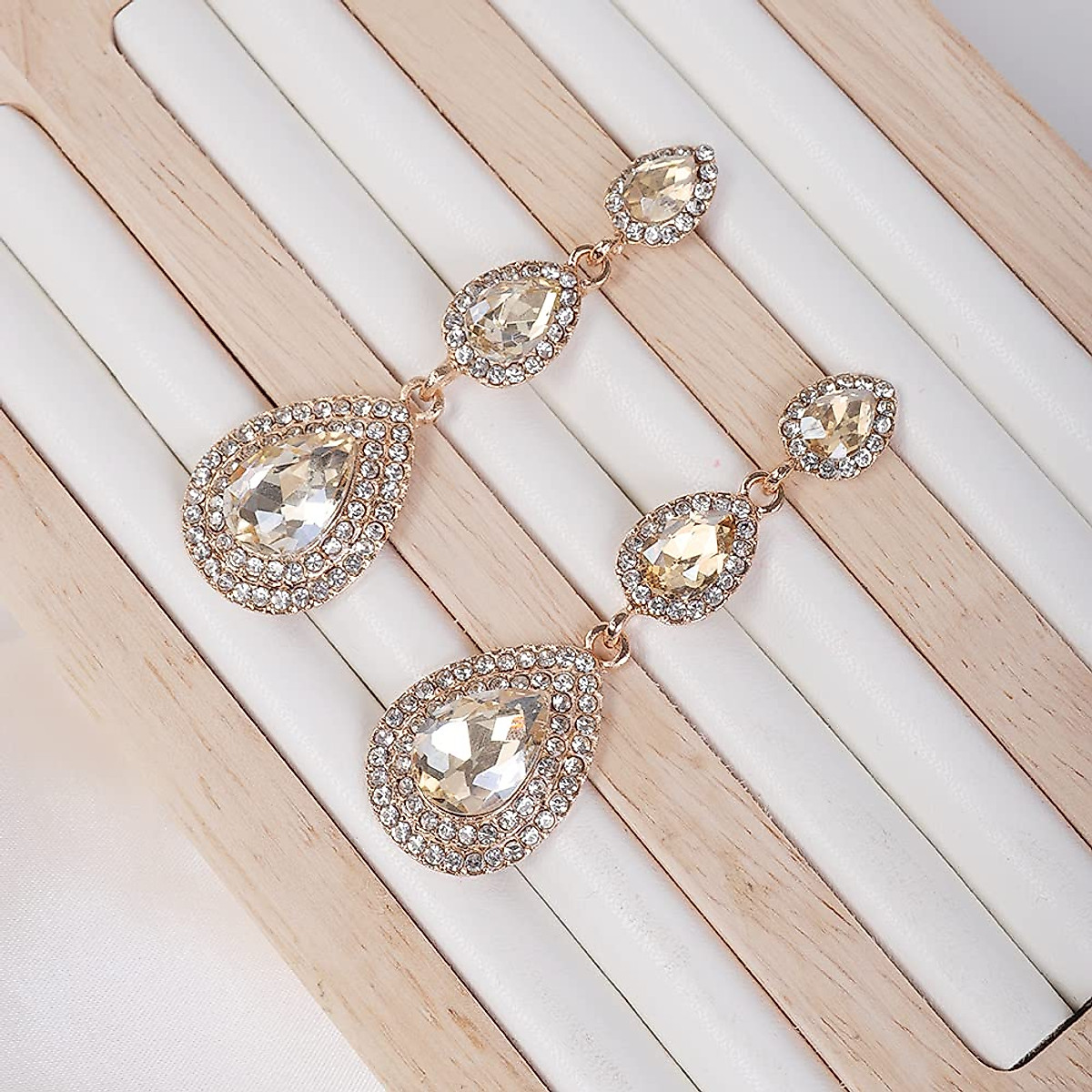 JWICOS Champagne Unique Pear Shape Drop Earrings for Brides and Bridesmaids Wedding Rhinestones Bridal Earrings for Prom, Party, Formal Occasion (Champagne)