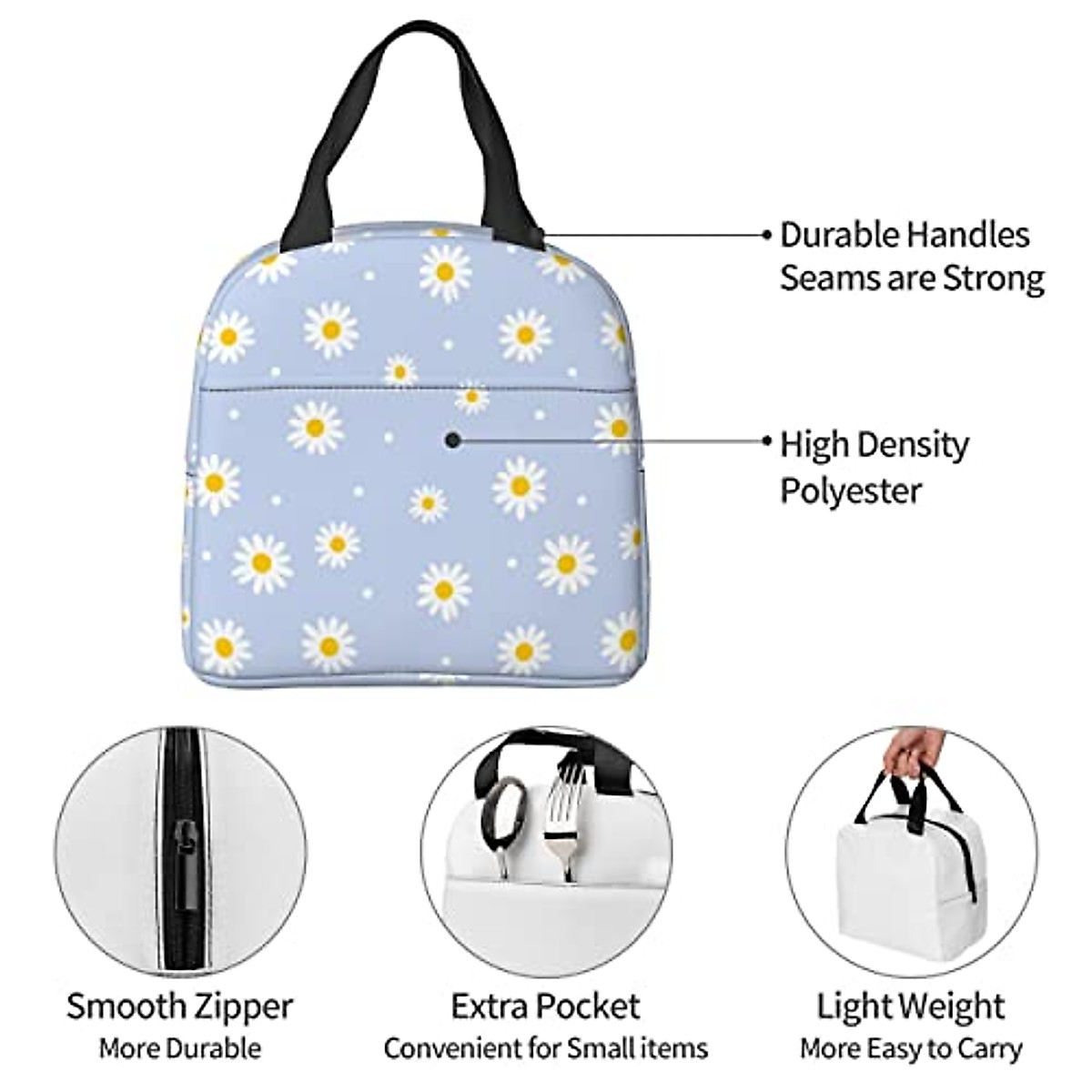 Insulated Lunch Bag for Girls Women, Cooler Tote Reusable Lunch Box Container For Girls Boys School Work Office Travel Picnic Floral Daisy Purple Flower