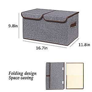 UUJOLY Large Storage Bins Linen Fabric Foldable Basket Cubes Organizer Storage Box Drawer with Lid and Handles for Home, Office, Closet, Bedroom, Nursery (Gray)