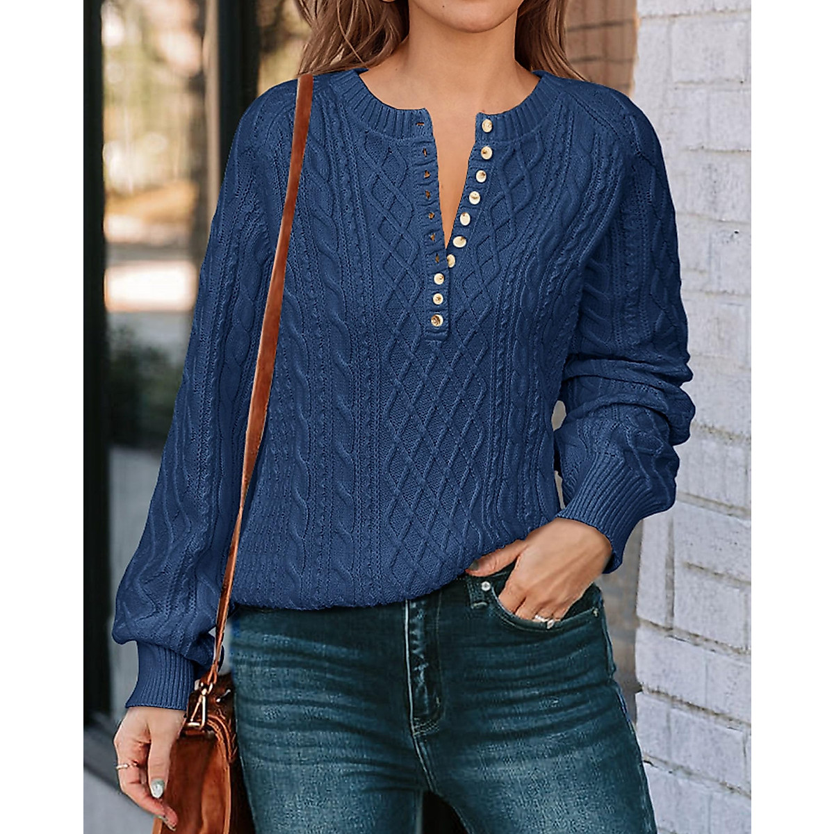 KIRUNDO Womens Sweaters 2024 Fall Winter Henley Long Sleeve Button Crew Neck Cable Knit Loose Cropped Sweater Pullover(Blue, Medium)