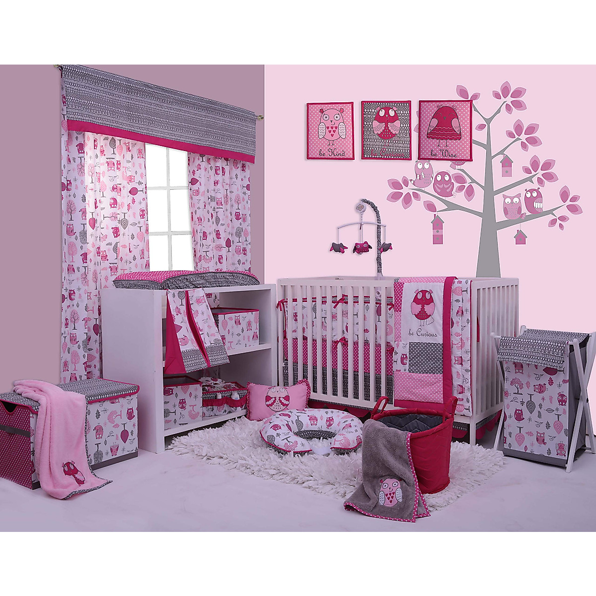 Bacati Owls Pink Dots Girls Cotton Changing Pad Cover, Pink/Grey